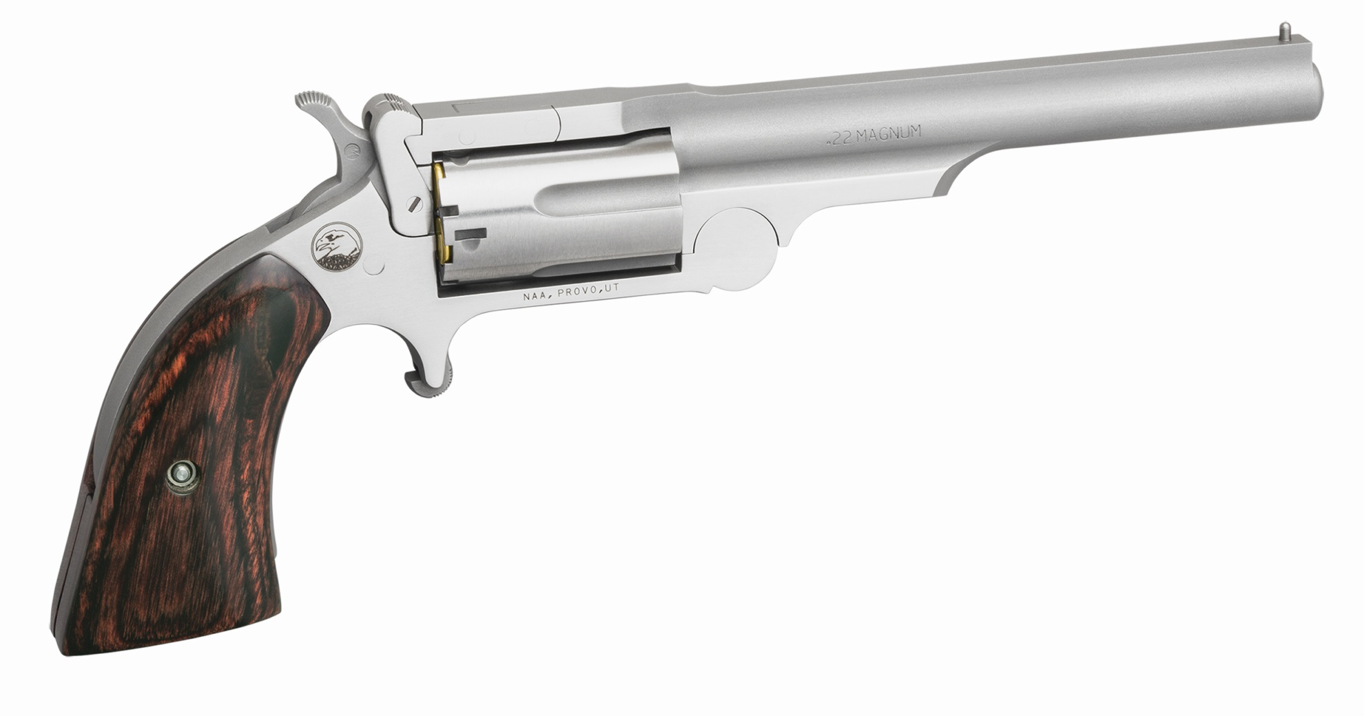 NAA Ranger II 22 WMR 4" 5rd Revolver - Stainless / Rosewood Grips | KYGUNCO