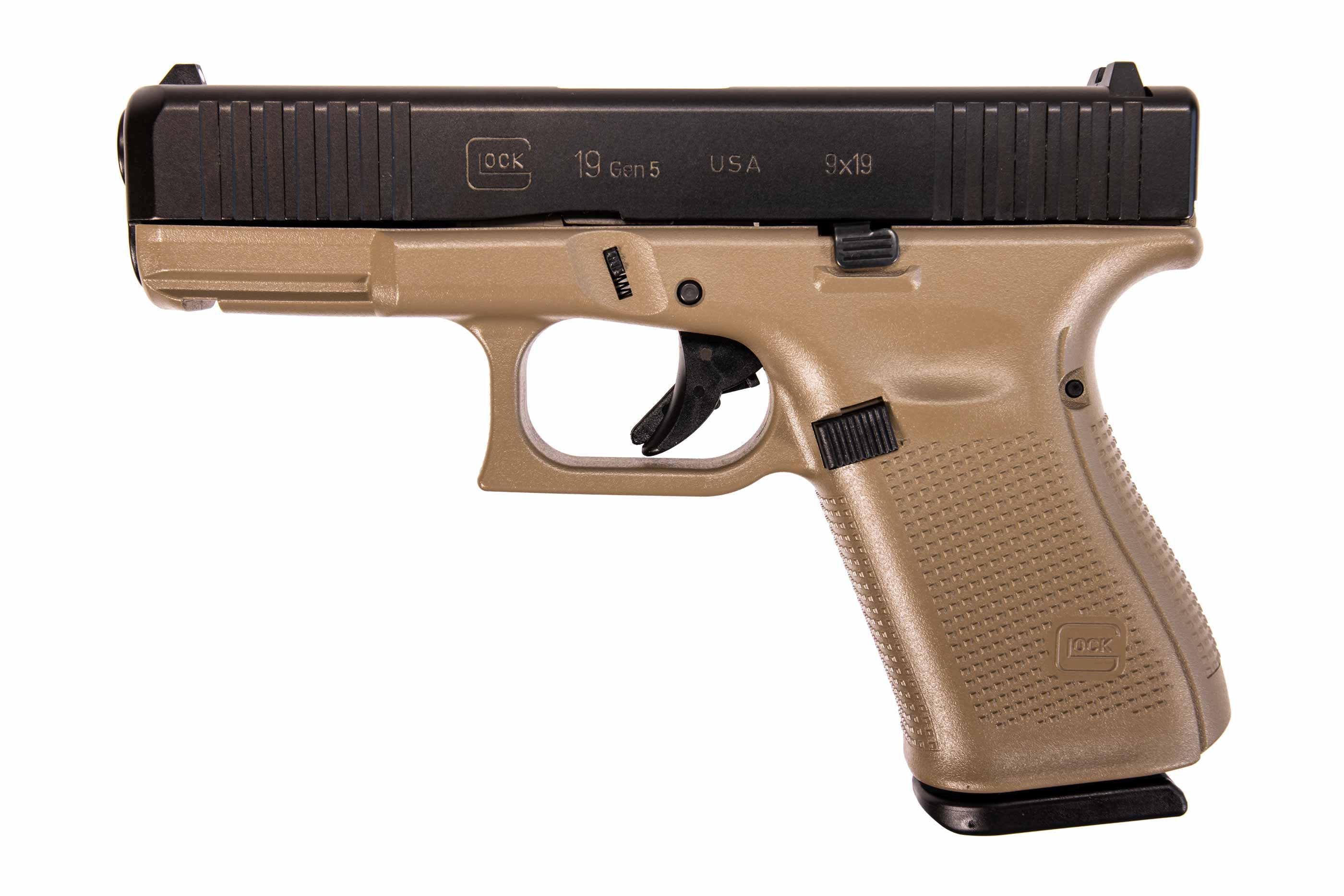 GLOCK G19 G5 9mm 4" 15rd Pistol w/ Front Serrations - FDE / Black | KYGUNCO